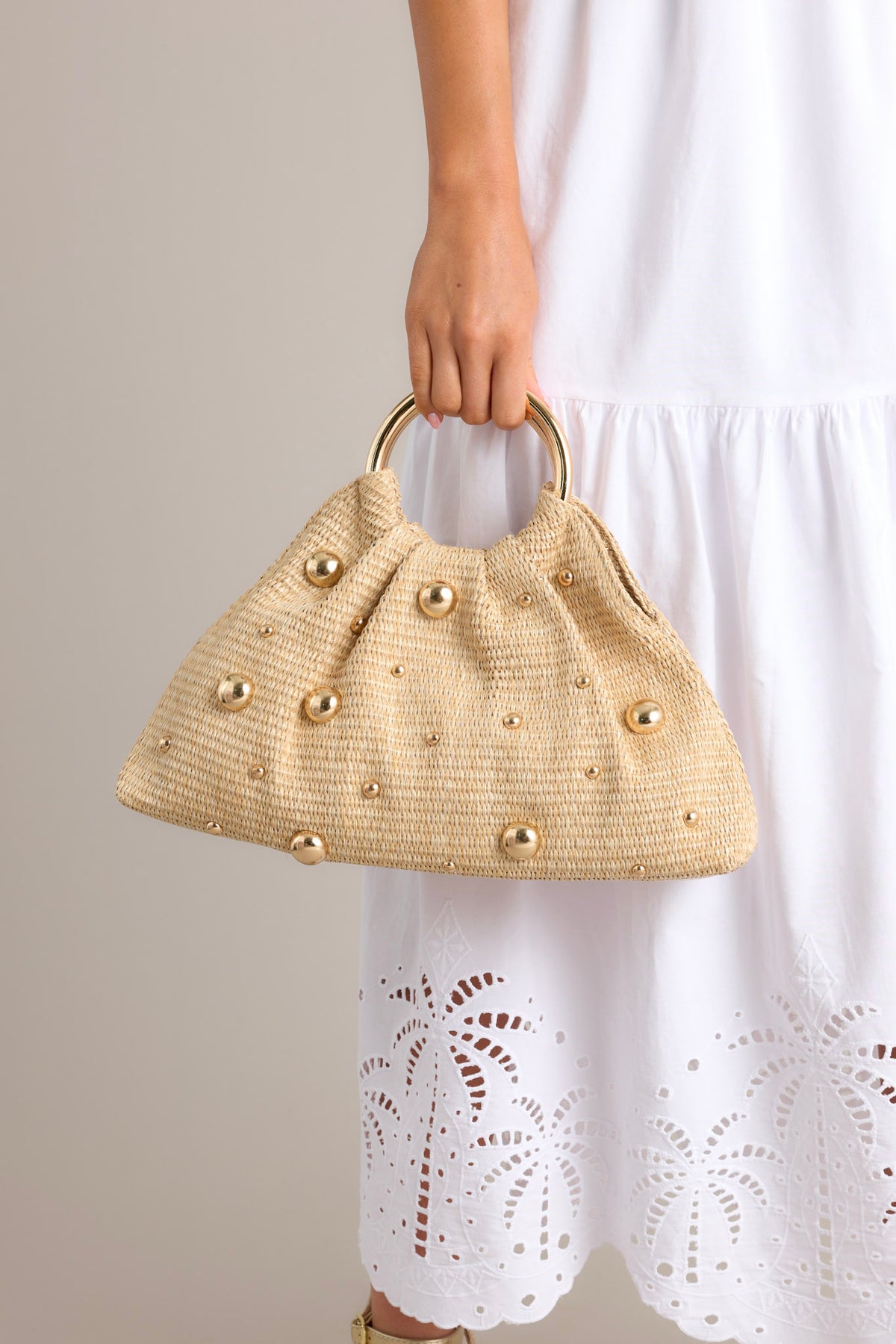 Gold Embellished Natural Rattan Clutch - All Handbags | Red Dress