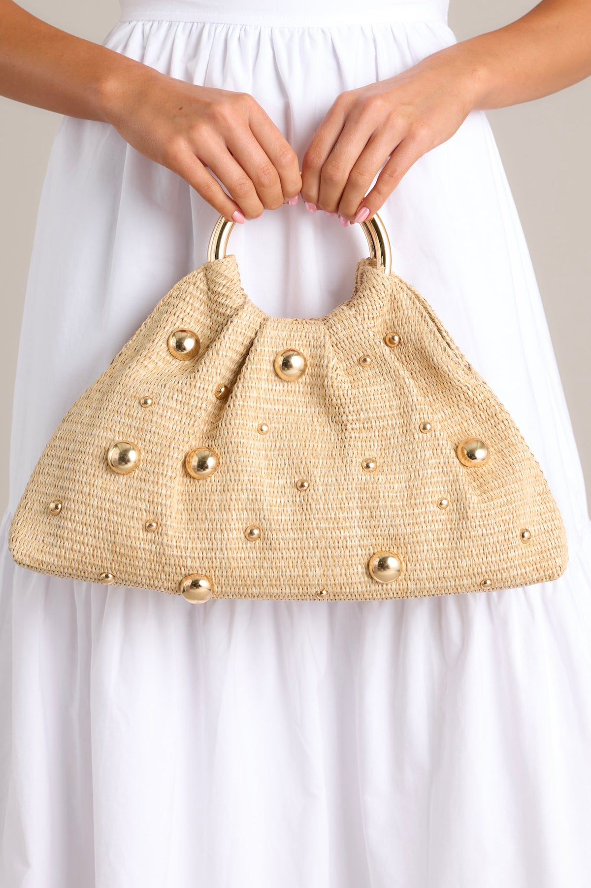 Gold Embellished Natural Rattan Clutch - All Handbags | Red Dress