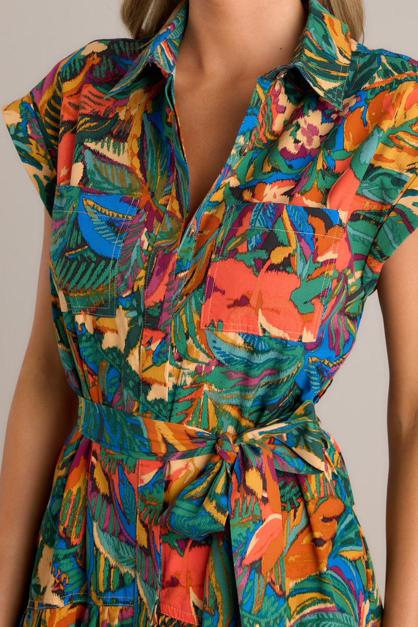 Green Tropical Print Button Front Midi Dress - All Dresses | Red Dress
