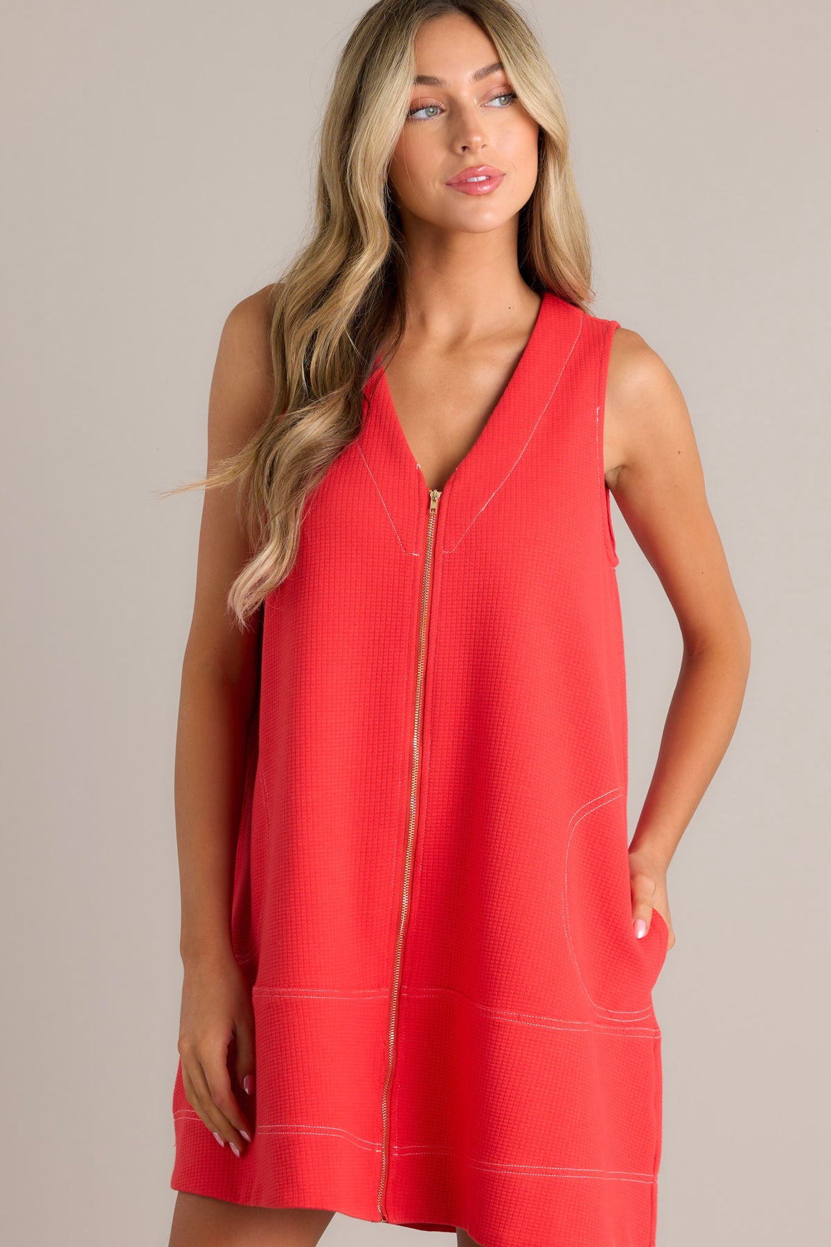 Sleeveless Tomato Red Zip Up Mini Dress - All Dresses | Red Dress