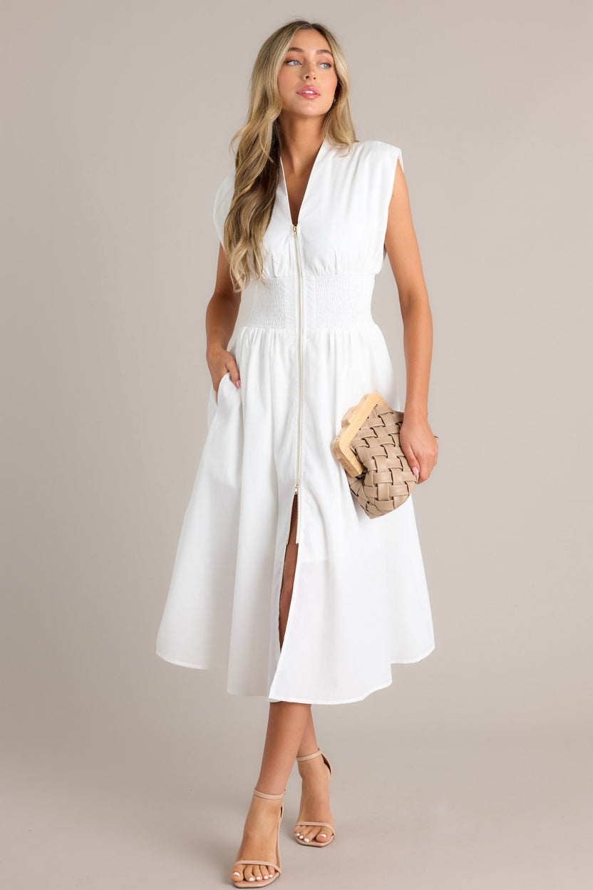 The Evette White Smocked Midi Dress - All Dresses | Red Dress