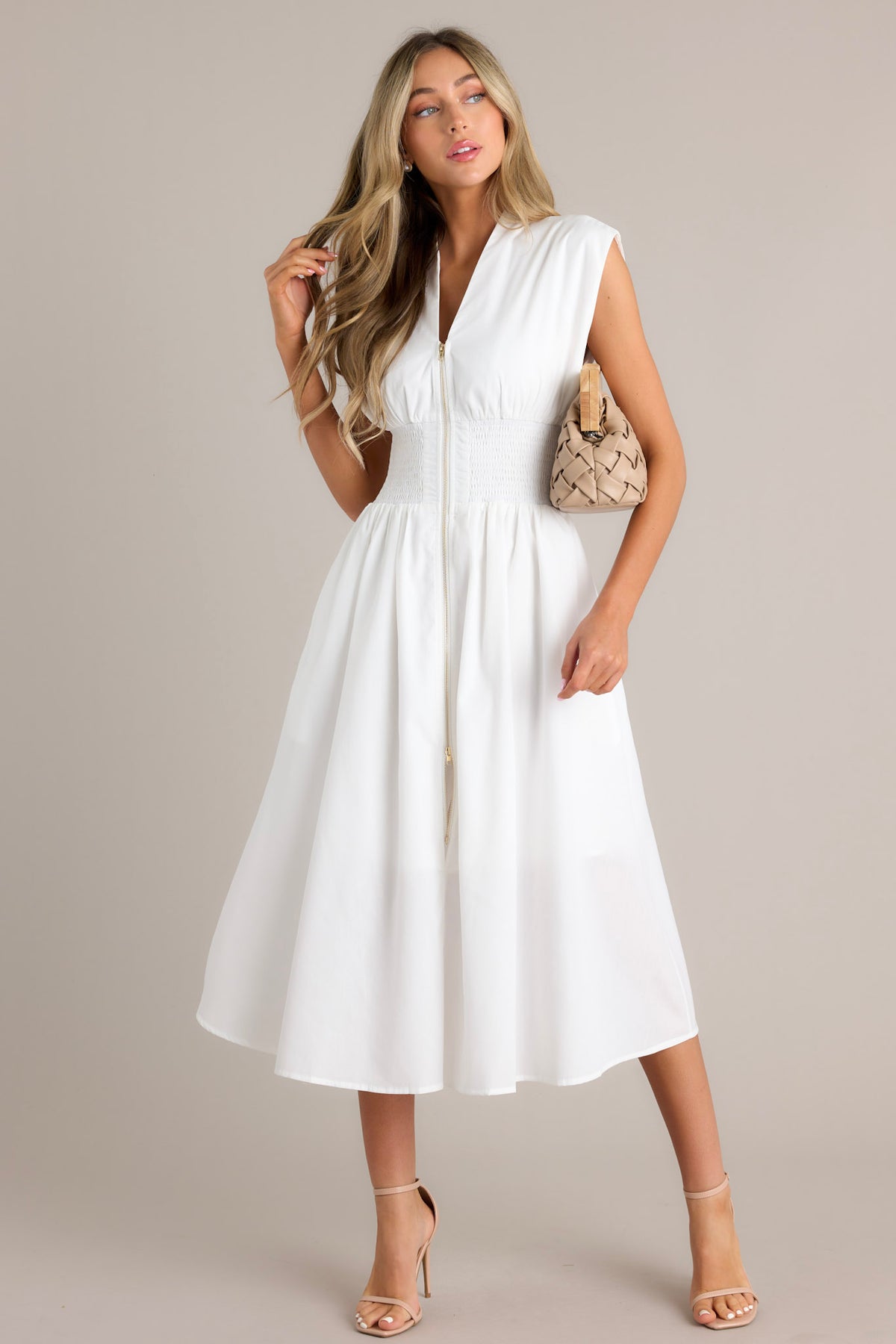 The Evette White Smocked Midi Dress - All Dresses | Red Dress