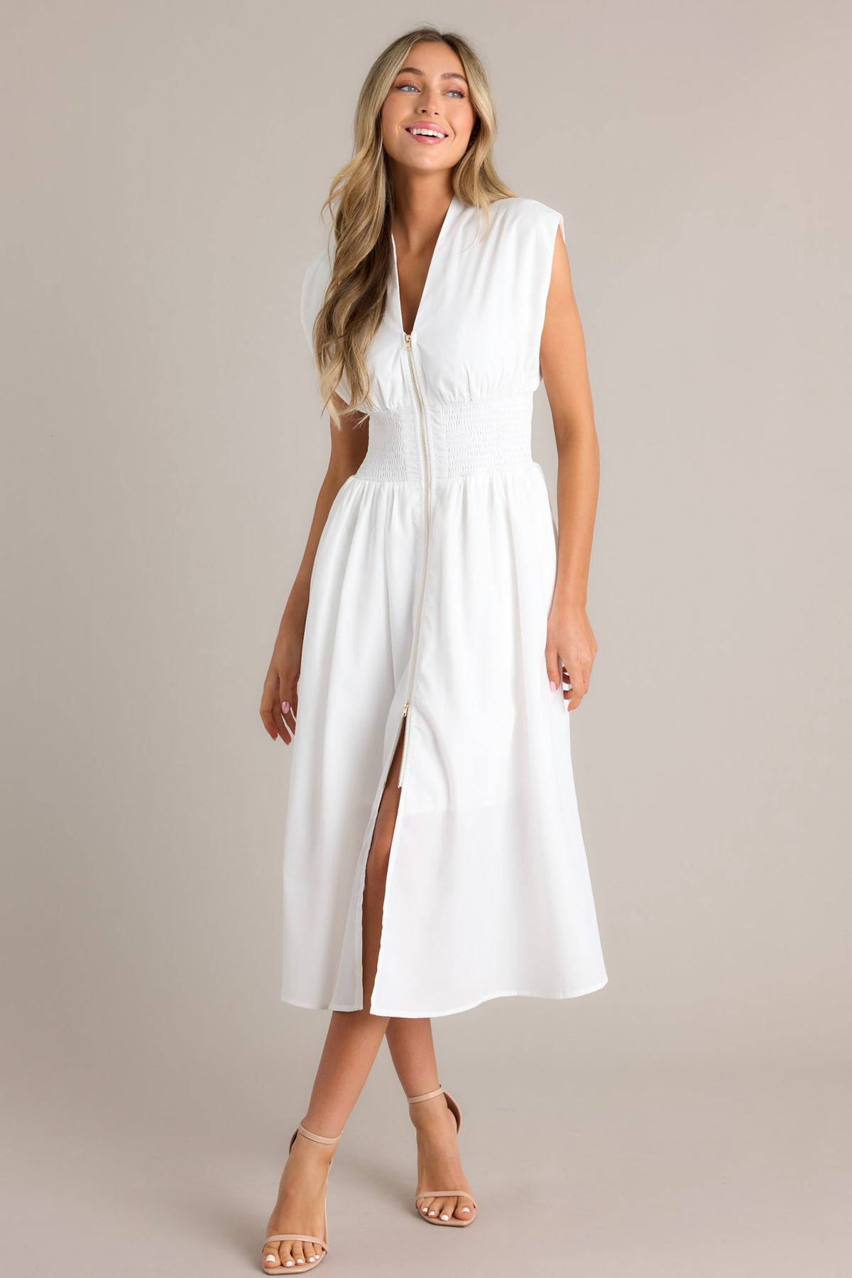 The Evette White Smocked Midi Dress - All Dresses | Red Dress