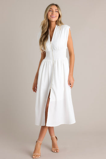 The Evette White Smocked Midi Dress - All Dresses | Red Dress