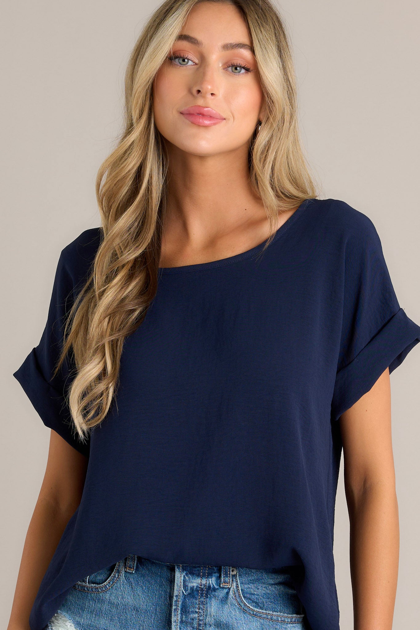 Navy Cuffed Short Sleeve Top - All Tops | Red Dress