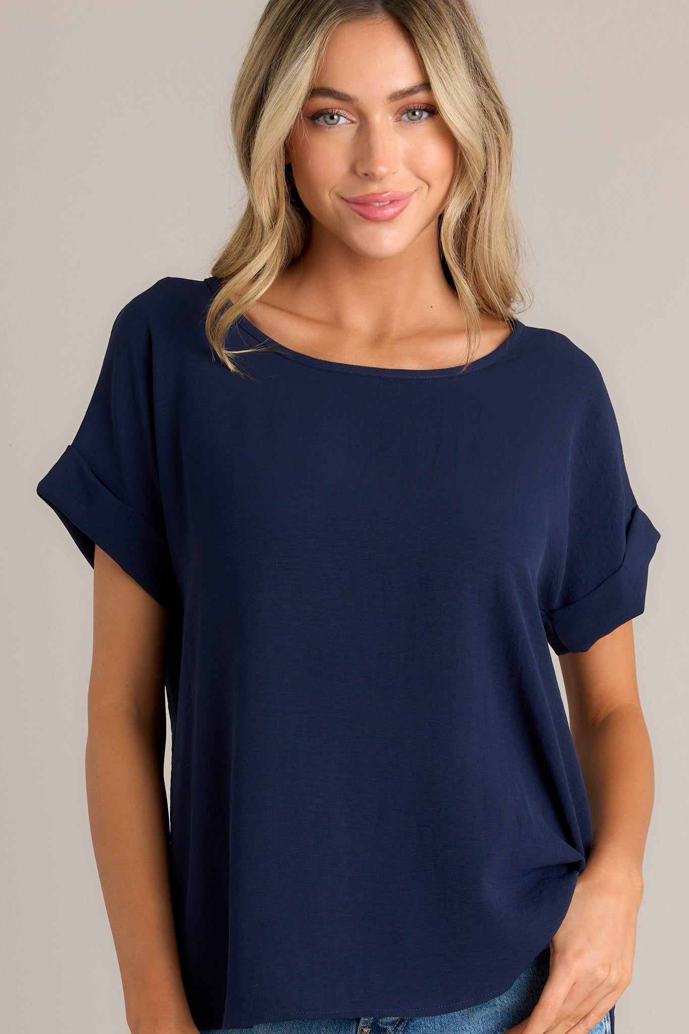 Navy Cuffed Short Sleeve Top - All Tops | Red Dress
