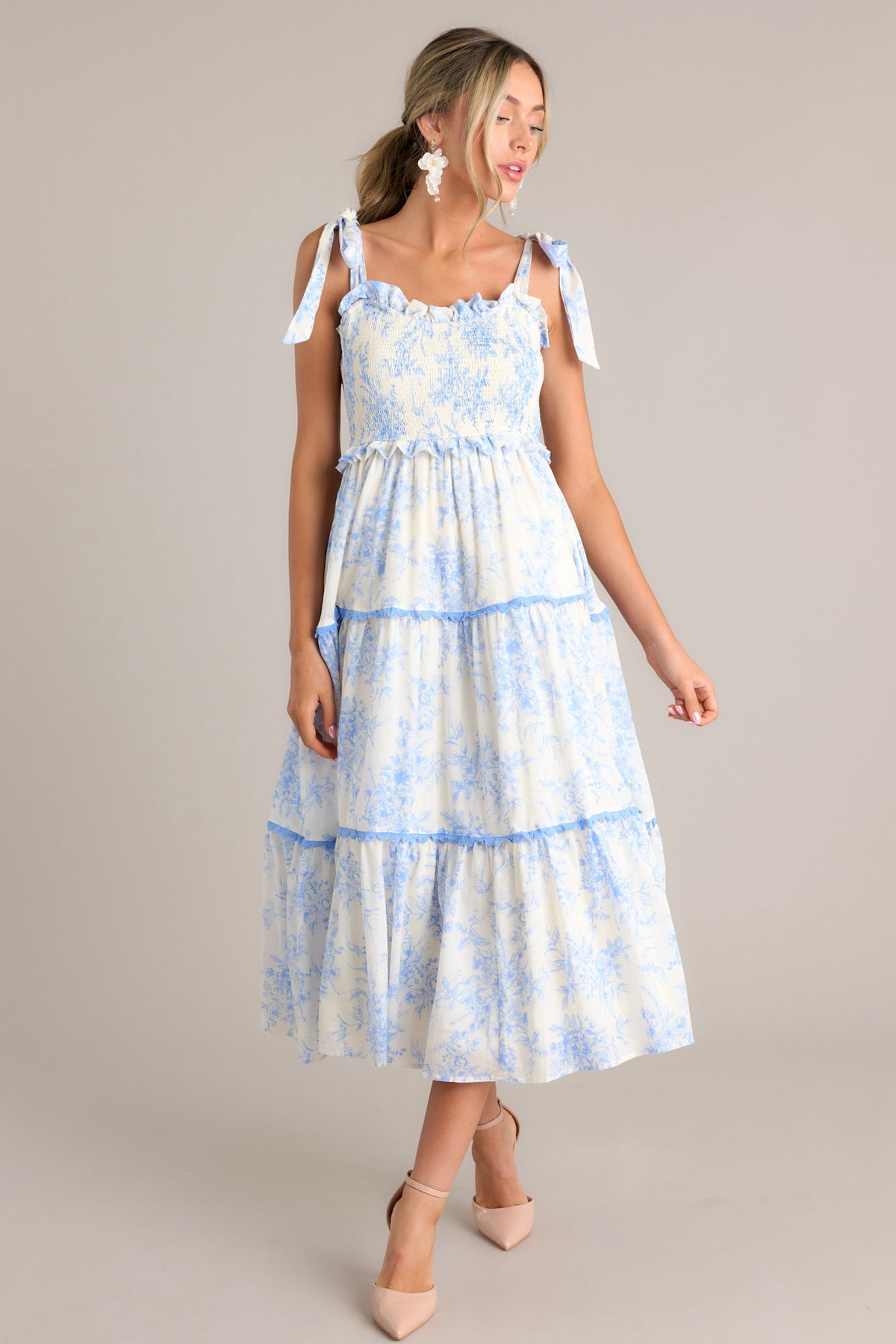 Light Blue Floral Tiered Midi Dress - All Dresses | Red Dress