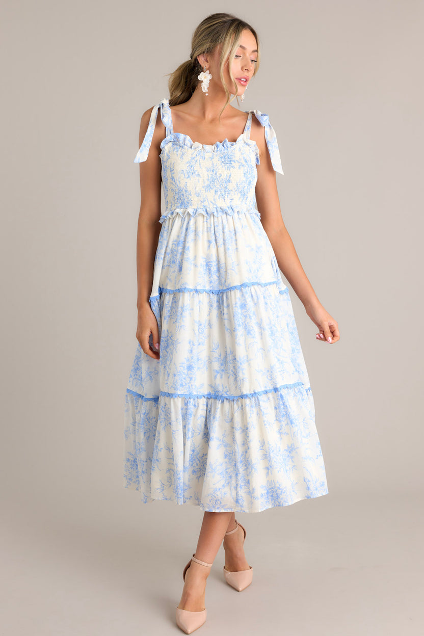 Light Blue Floral Tiered Midi Dress - All Dresses | Red Dress
