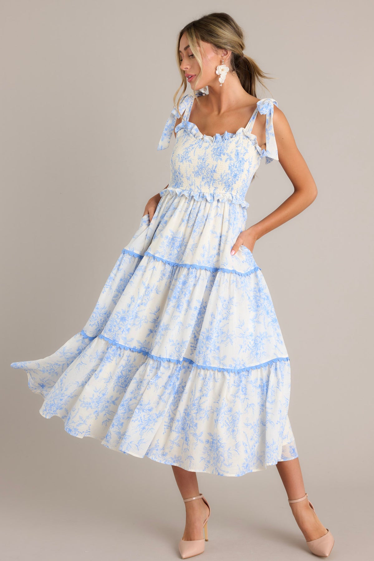 Light Blue Floral Tiered Midi Dress - All Dresses | Red Dress