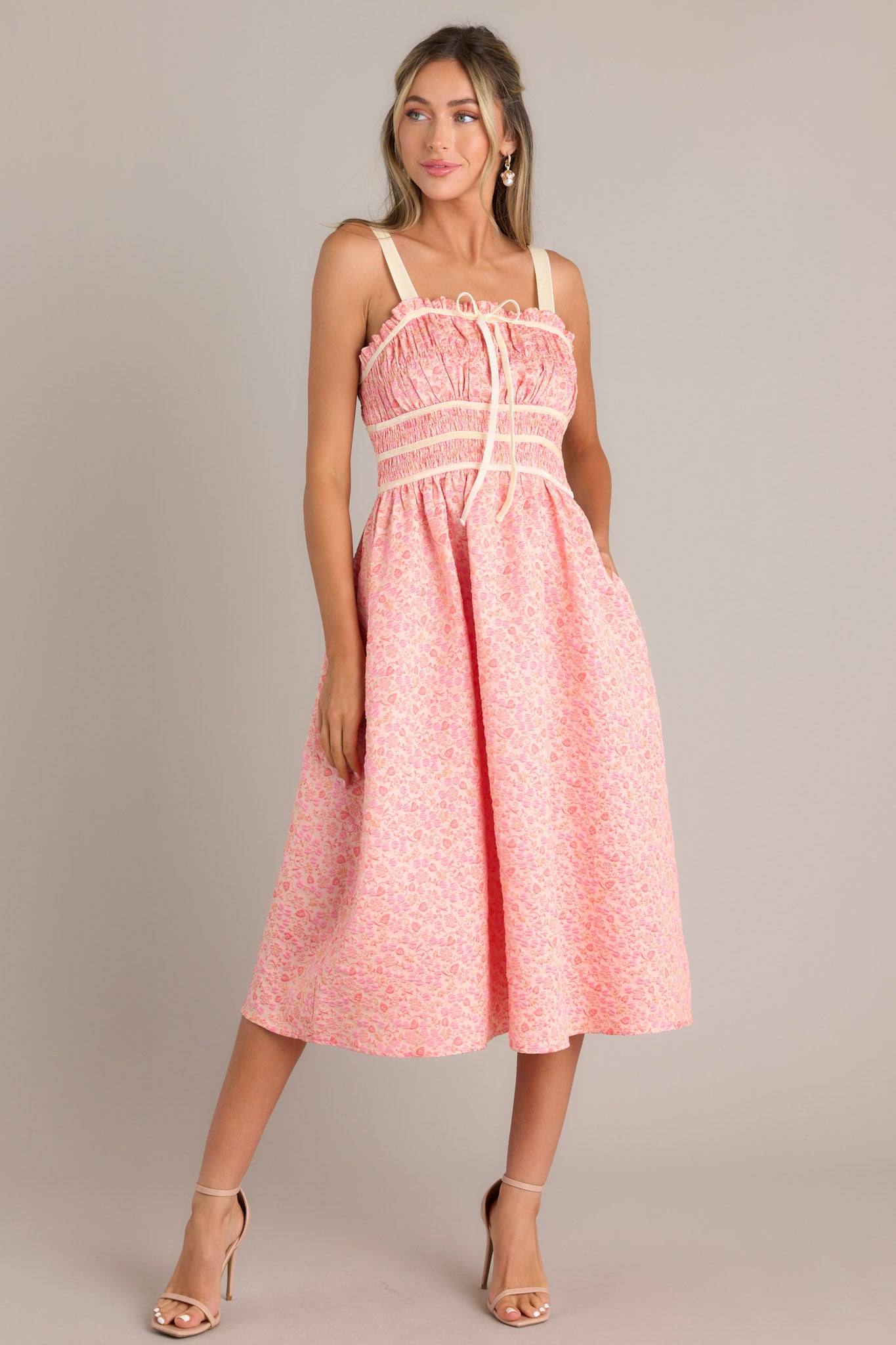 Light Pink Floral Jacquard Midi Dress - All Dresses | Red Dress