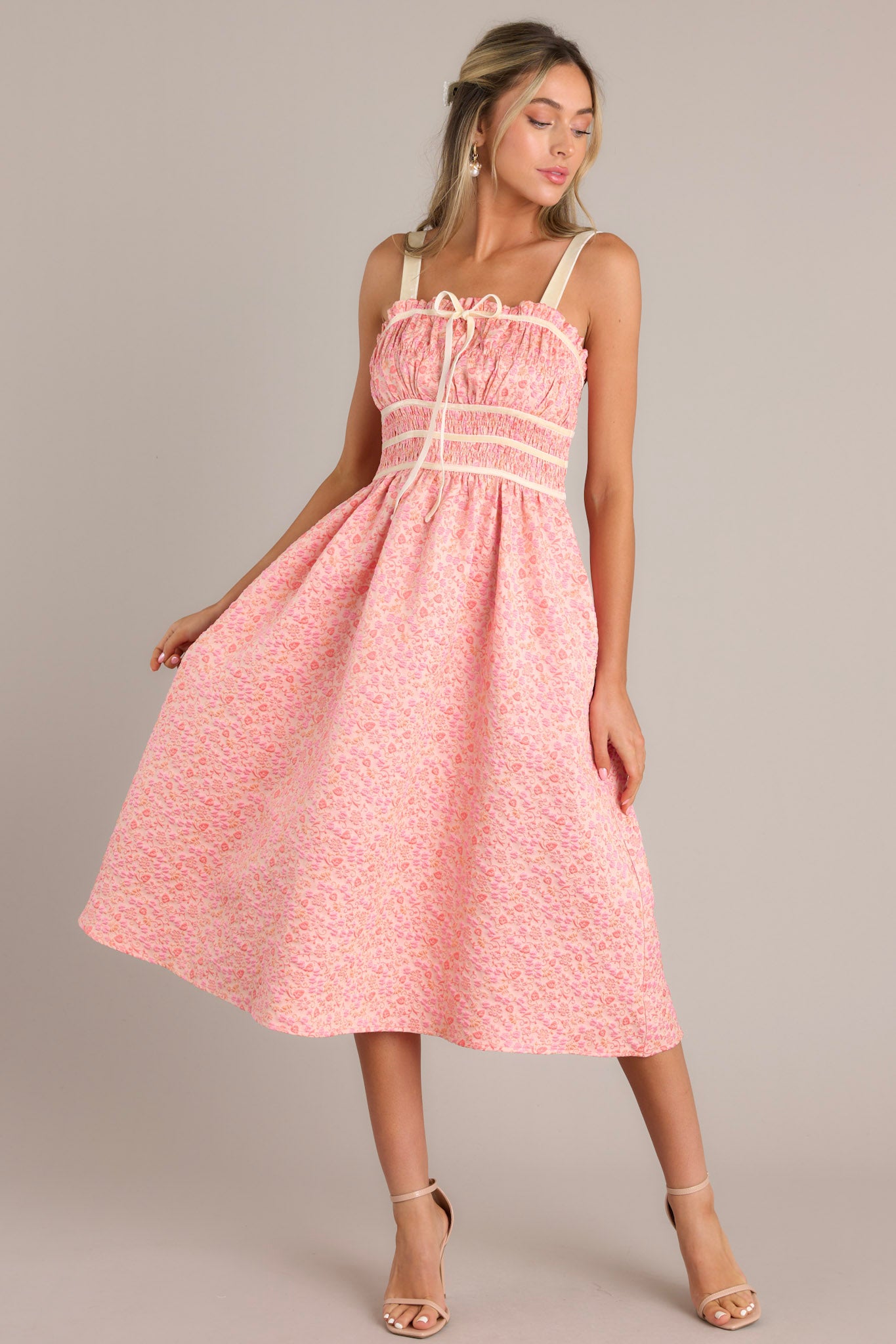 Light Pink Floral Jacquard Midi Dress - All Dresses | Red Dress