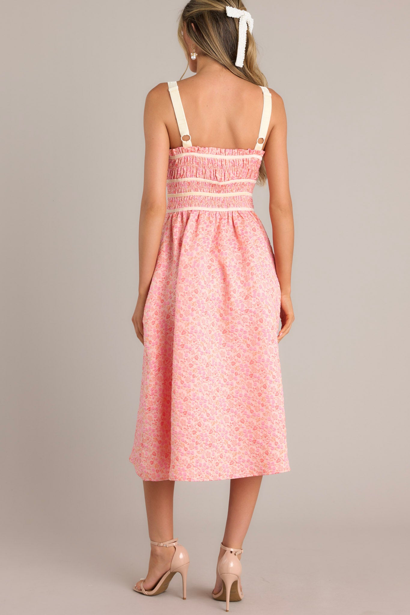 Light Pink Floral Jacquard Midi Dress - All Dresses | Red Dress