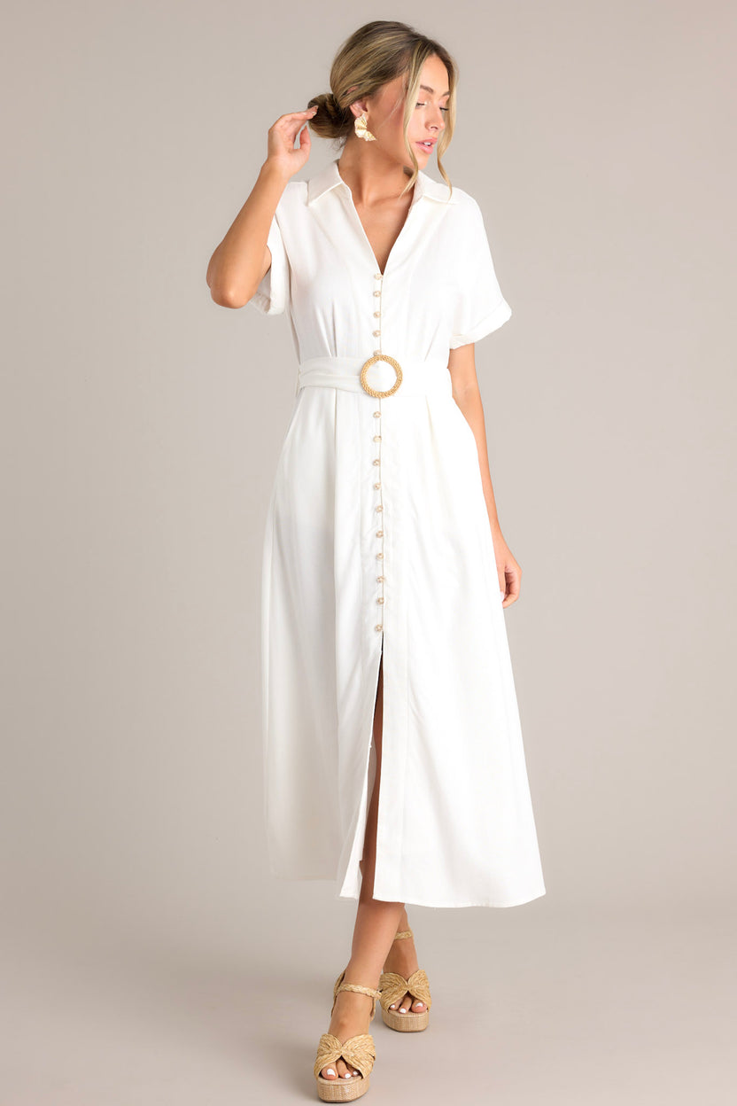 Ivory Button Front Belted Maxi Dress - All Dresses | Red Dress