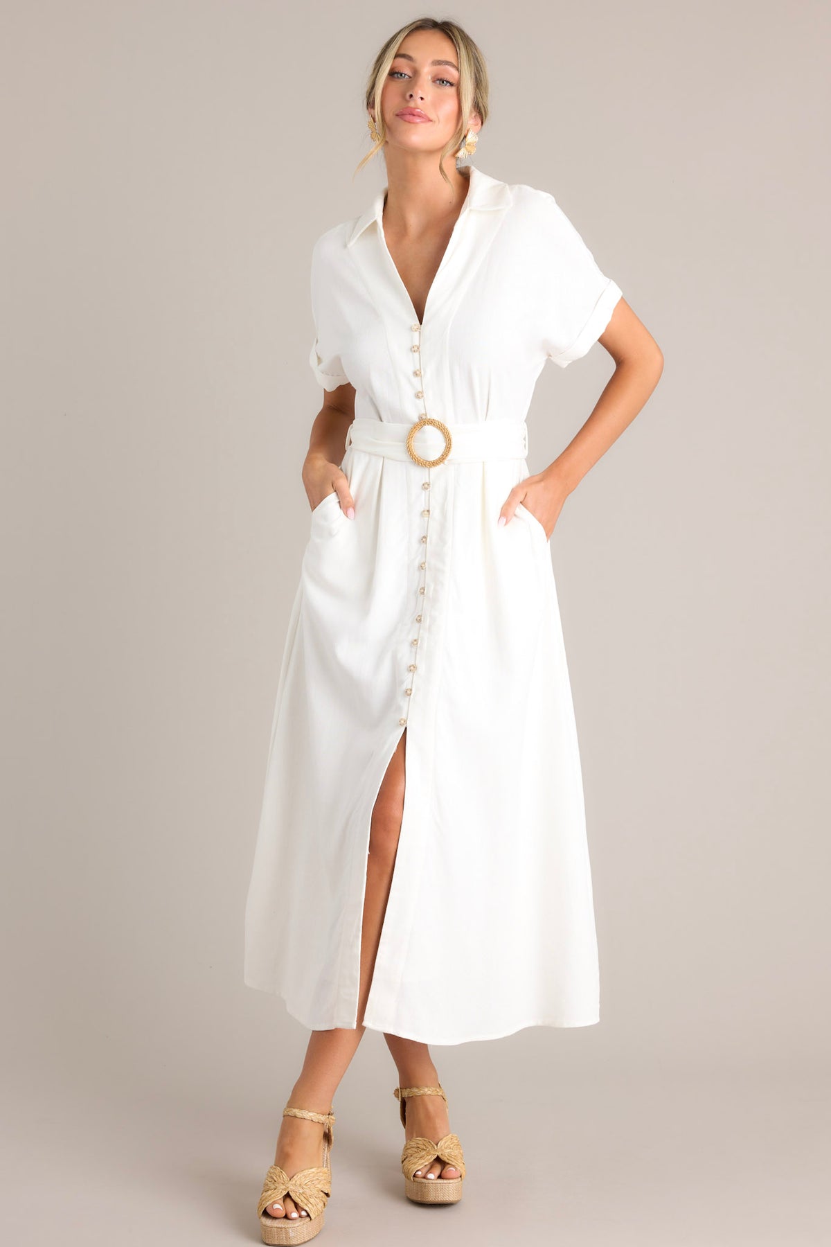 Ivory Button Front Belted Maxi Dress - All Dresses | Red Dress
