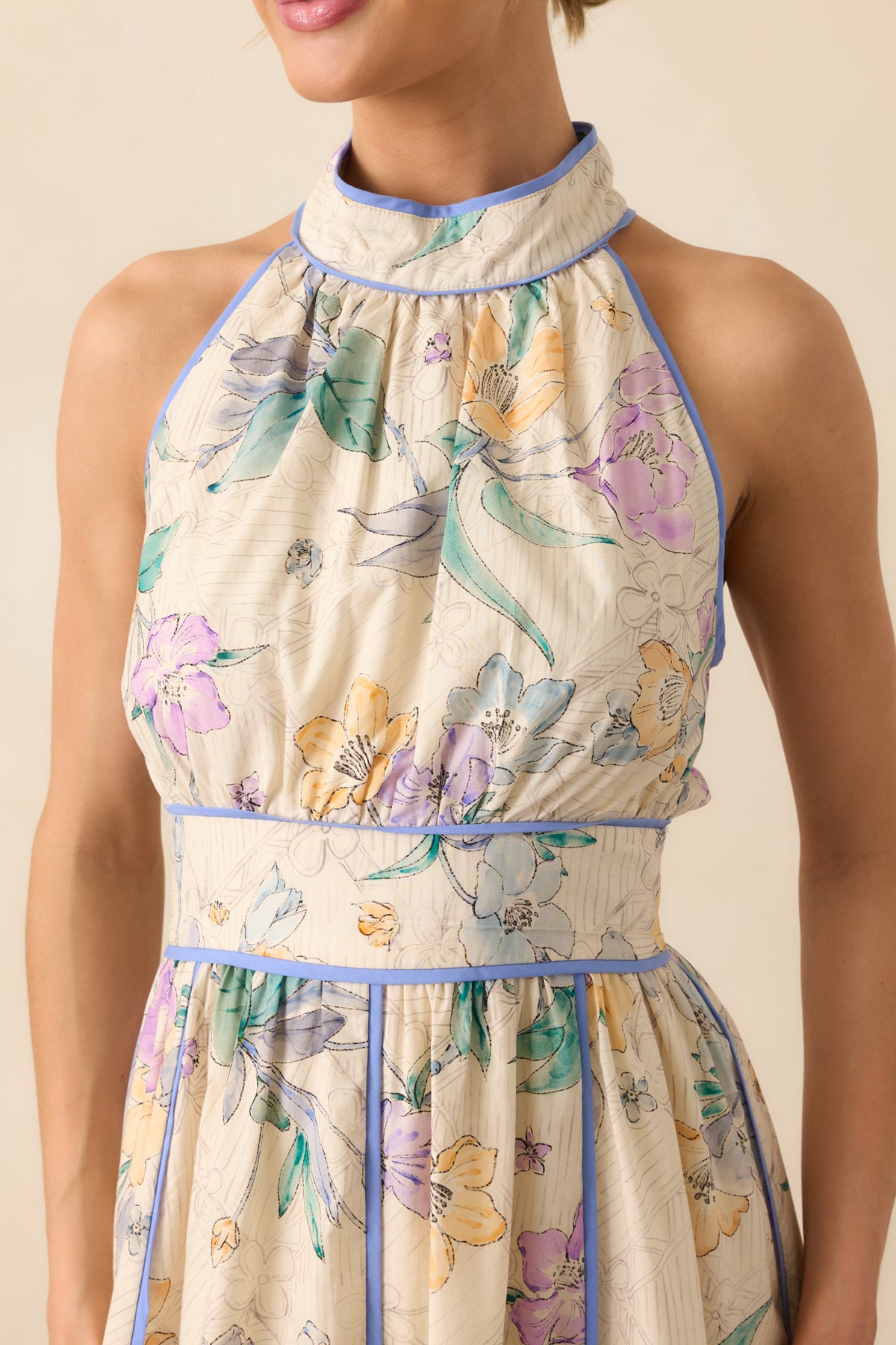 Ivory Floral Print Cotton Halter Dress - Maxi Dresses | Red Dress