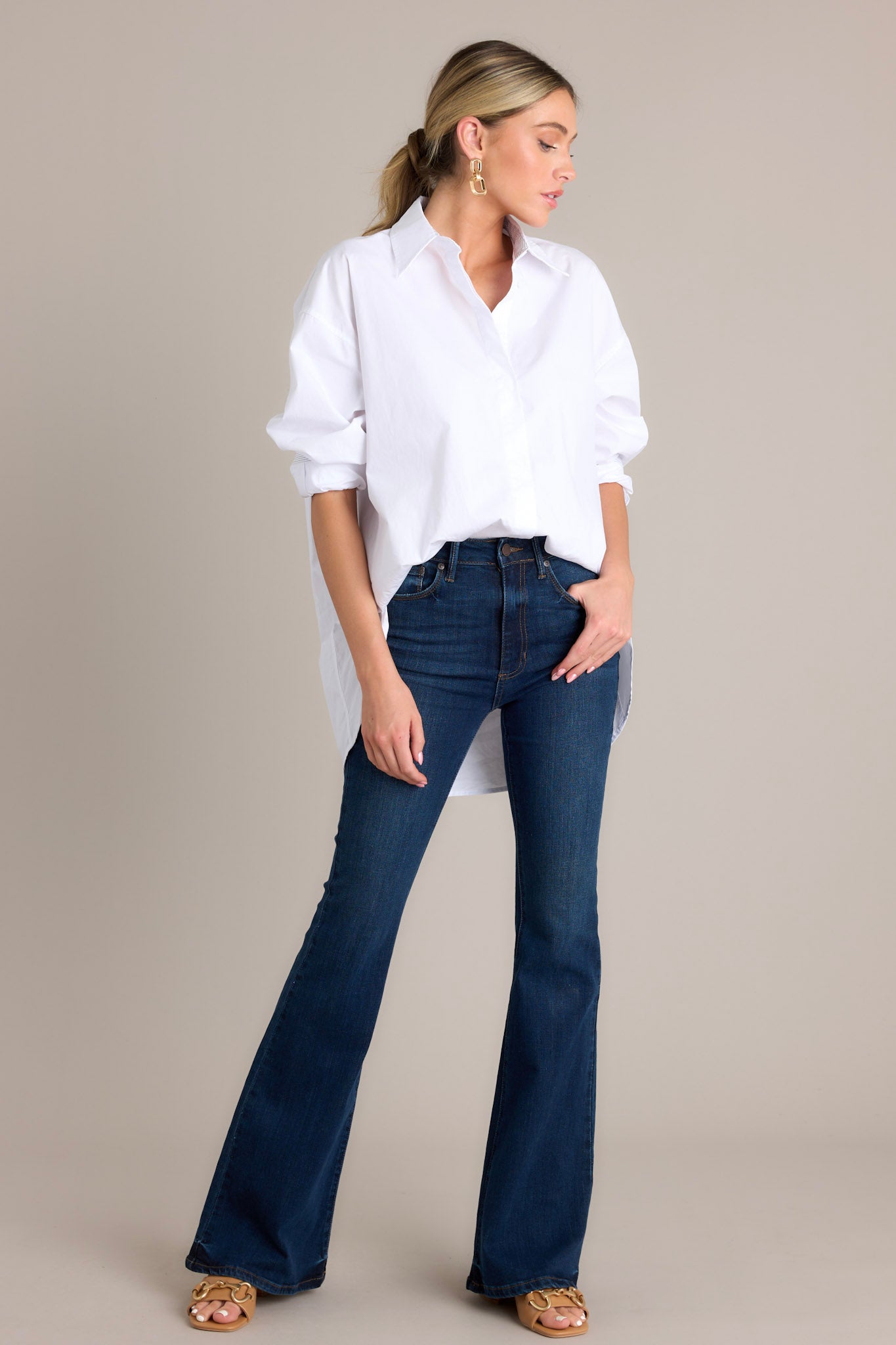 Mid Rise Dark Wash Flare Jeans - All Denim | Red Dress