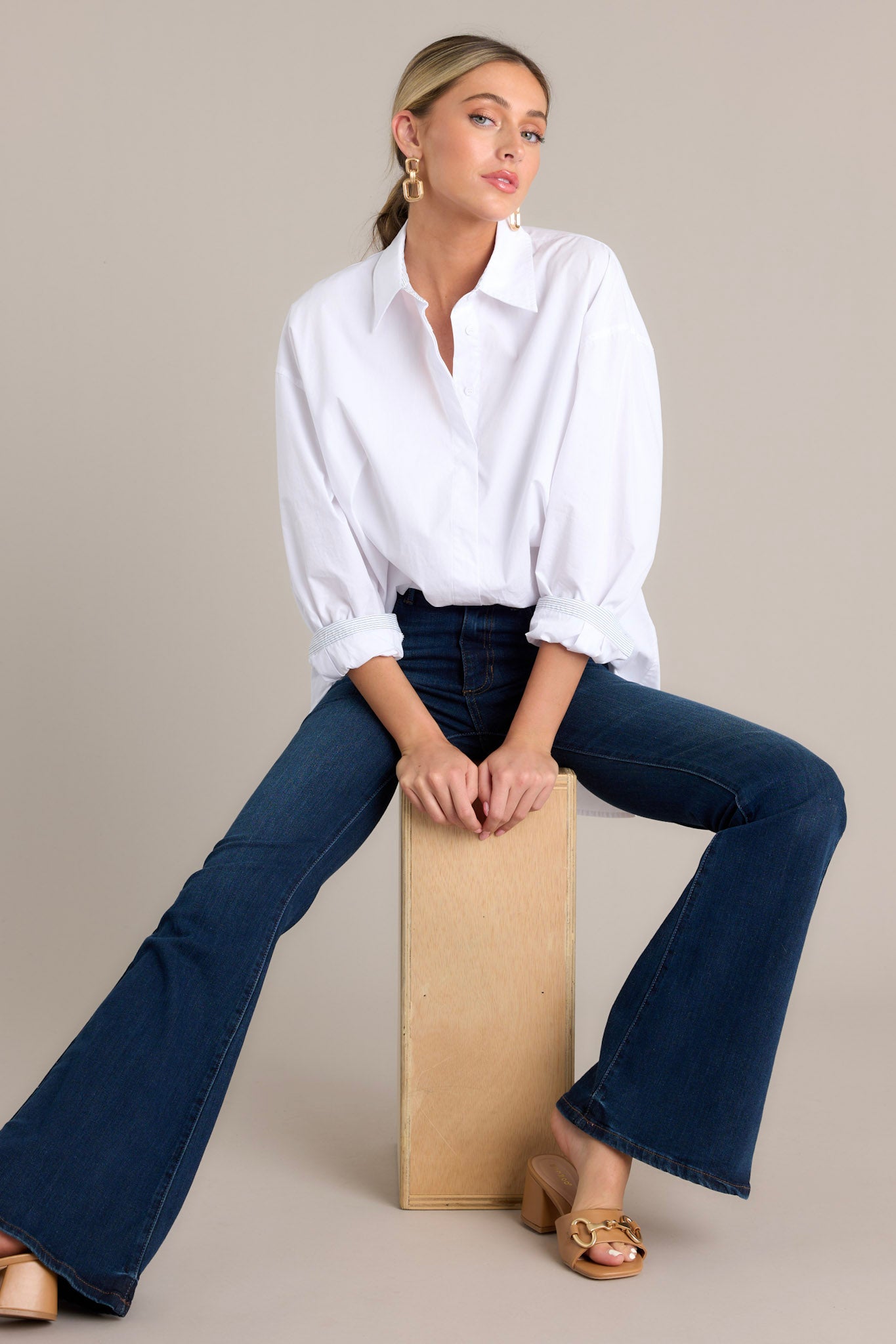 Mid Rise Dark Wash Flare Jeans - All Denim | Red Dress