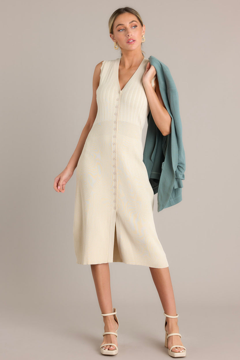 Beige Button Front Ribbed Midi Dress - All Dresses | Red Dress