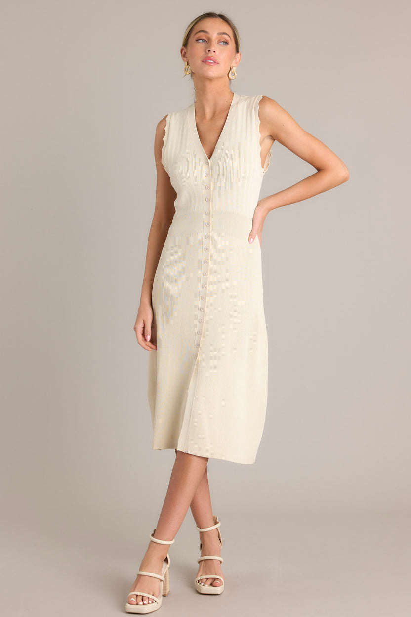 Beige Button Front Ribbed Midi Dress - All Dresses | Red Dress