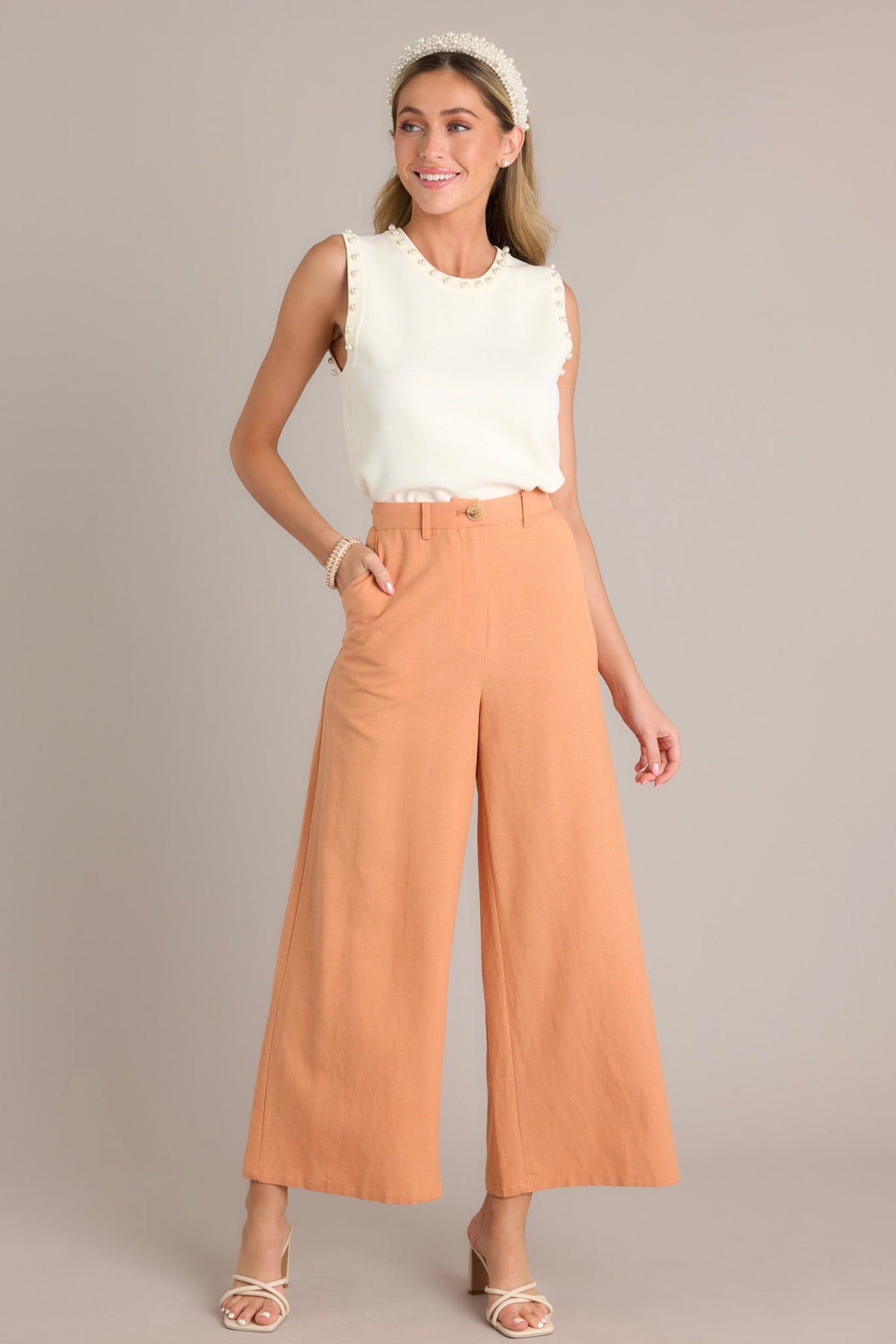 Ivory Pearl Embellished Tank Top - All Tops | Red Dress