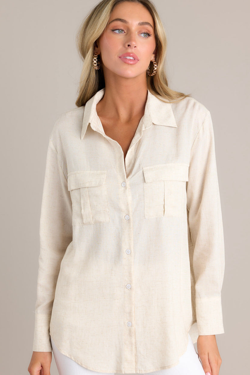 Button Front Linen Blend Top - All Tops | Red Dress