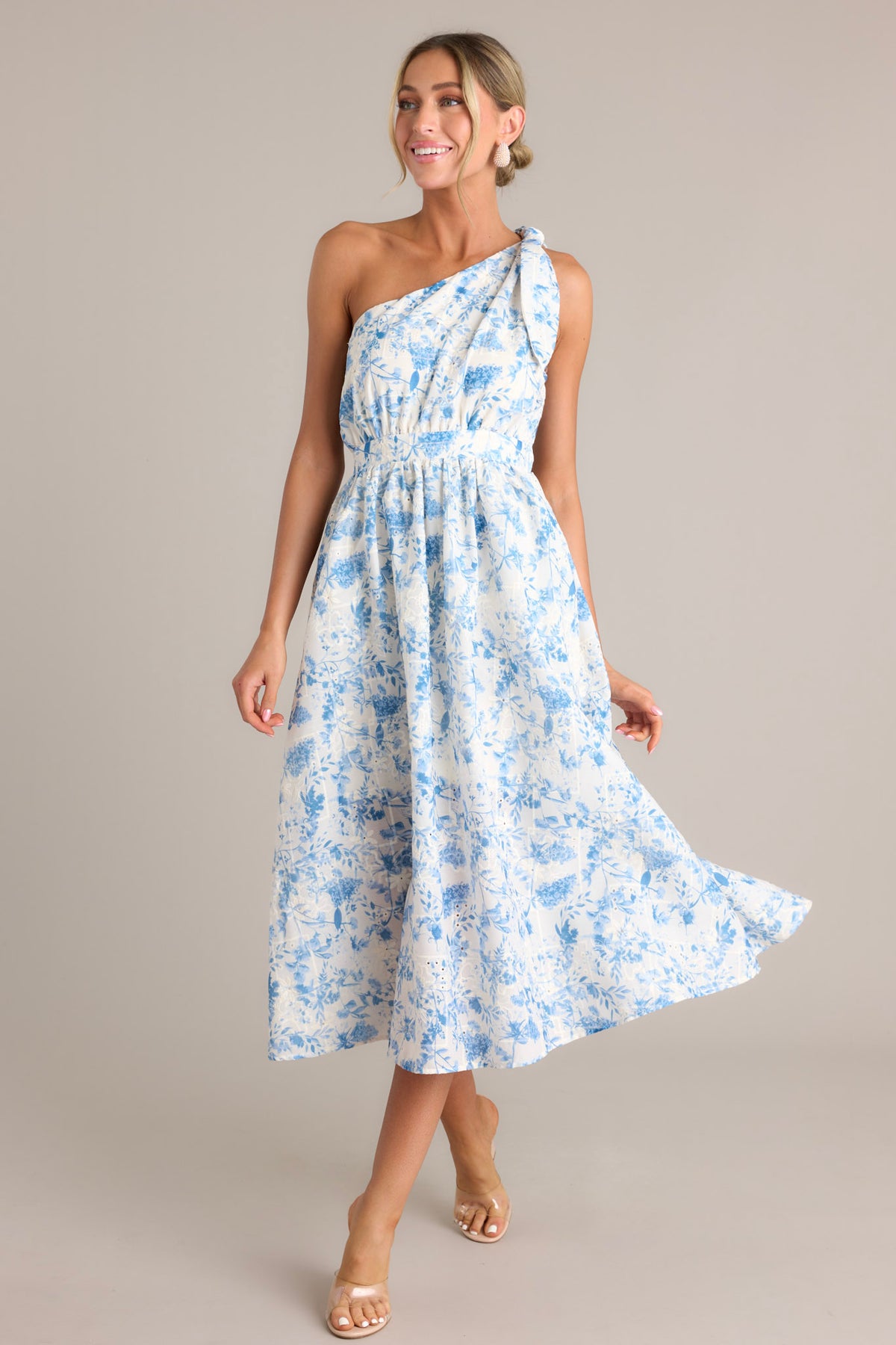 Blue Floral One Shoulder Midi Dress - All Dresses | Red Dress