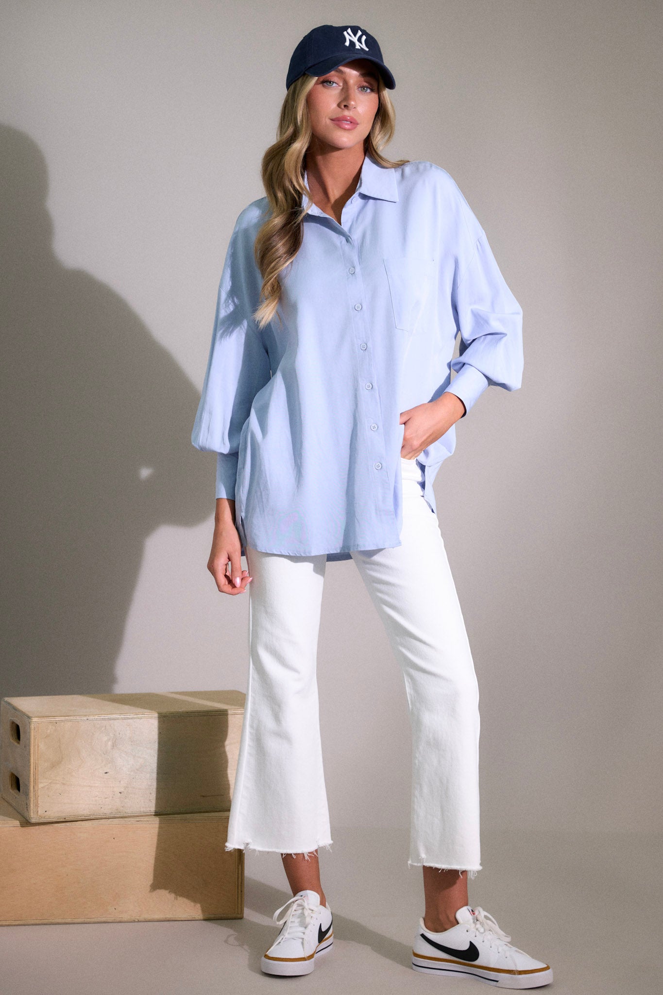 Light Blue Button Front Long Sleeve Top - All Tops | Red Dress