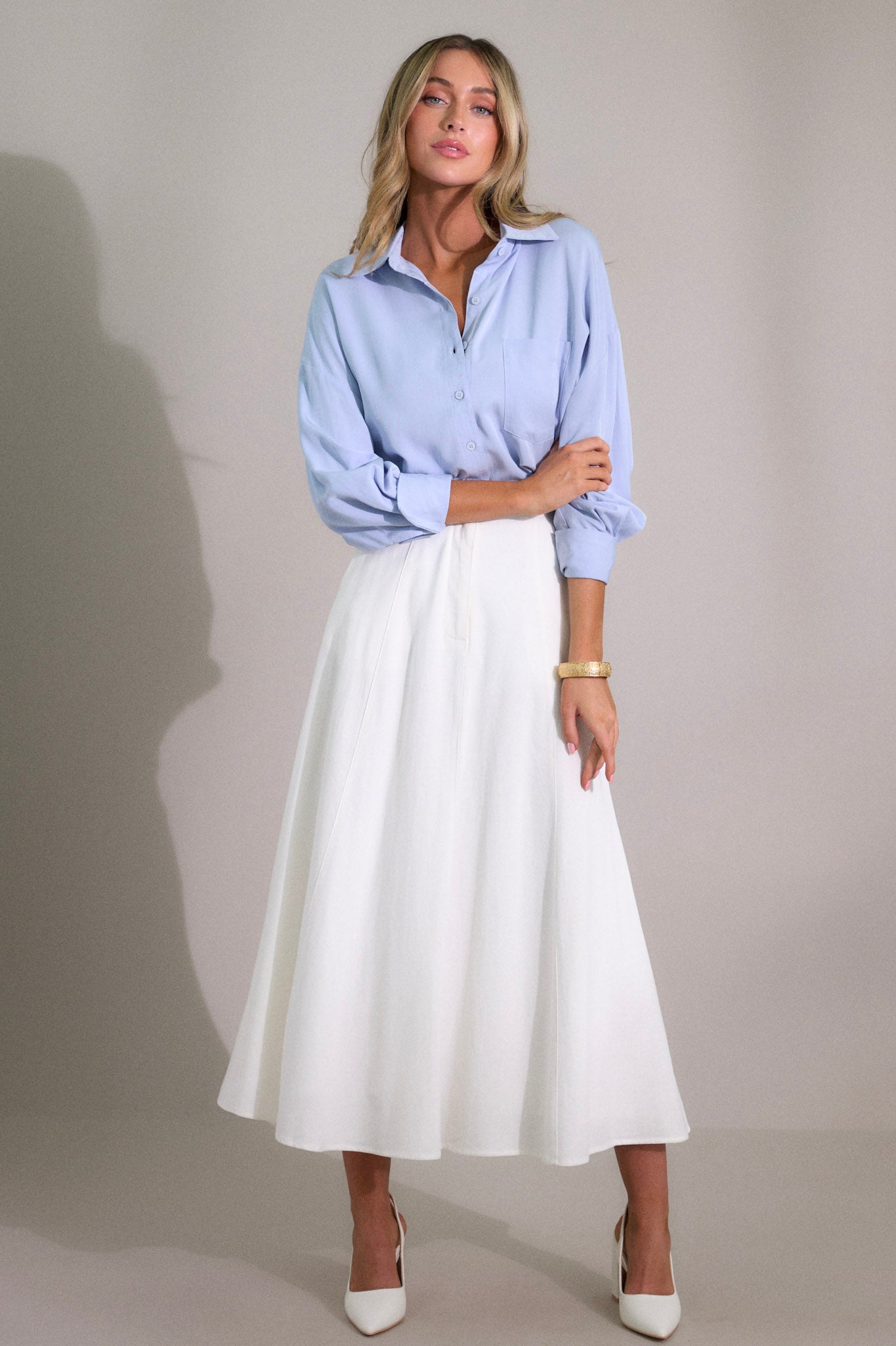 Light Blue Button Front Long Sleeve Top - All Tops | Red Dress