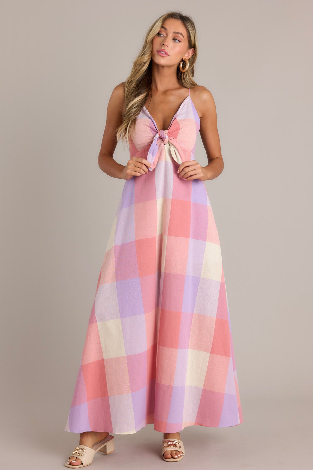 Pink Multi Plaid Cotton Blend Maxi Dress - All Dresses | Red Dress