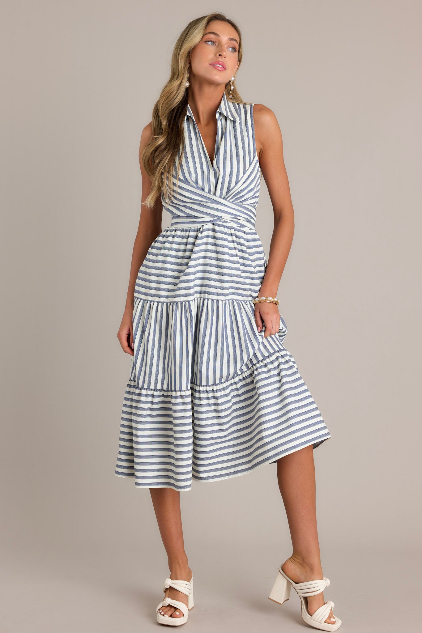 Navy Stripe Collared Sleeveless Midi Dress - All Dresses | Red Dress