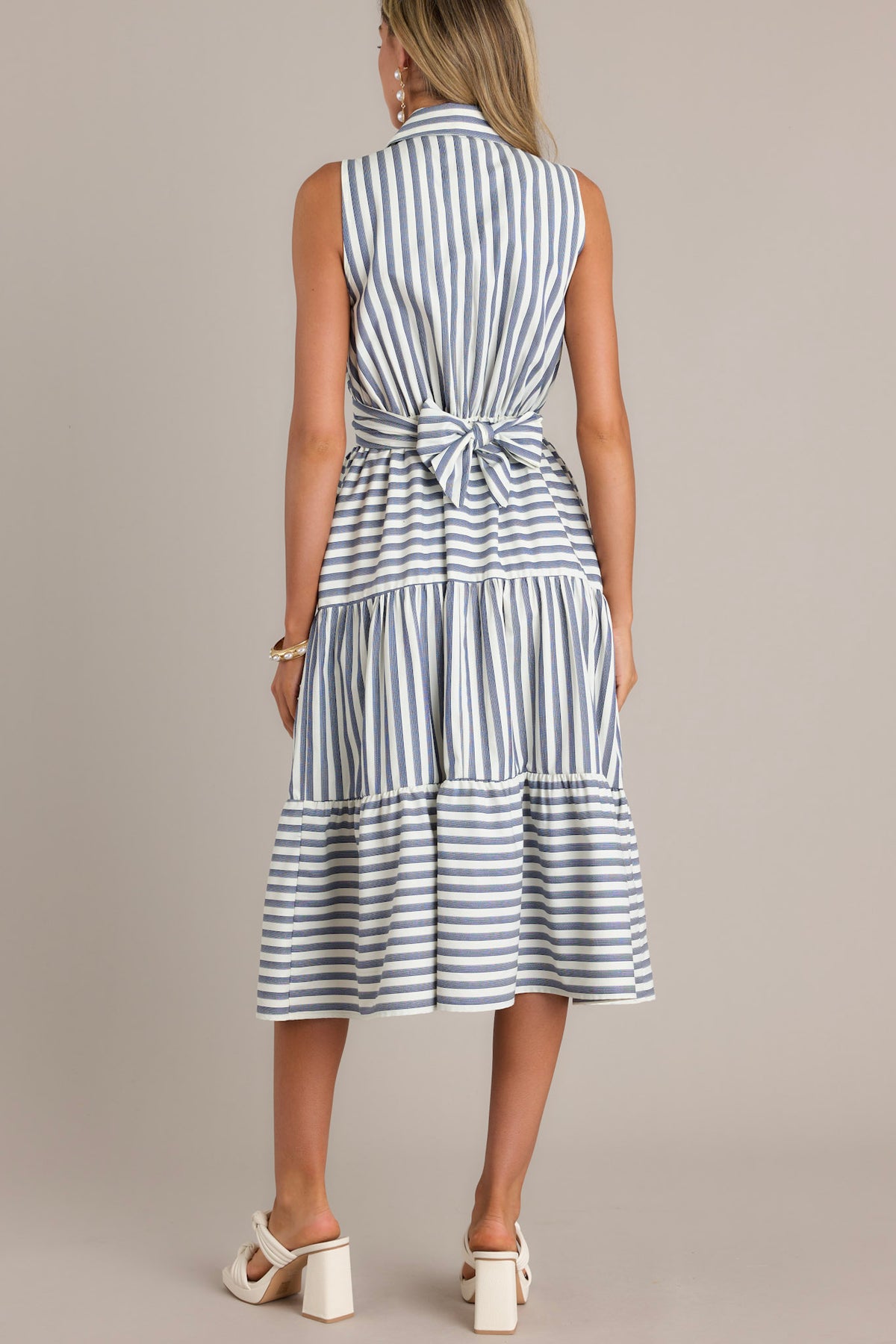 Navy Stripe Collared Sleeveless Midi Dress - All Dresses | Red Dress