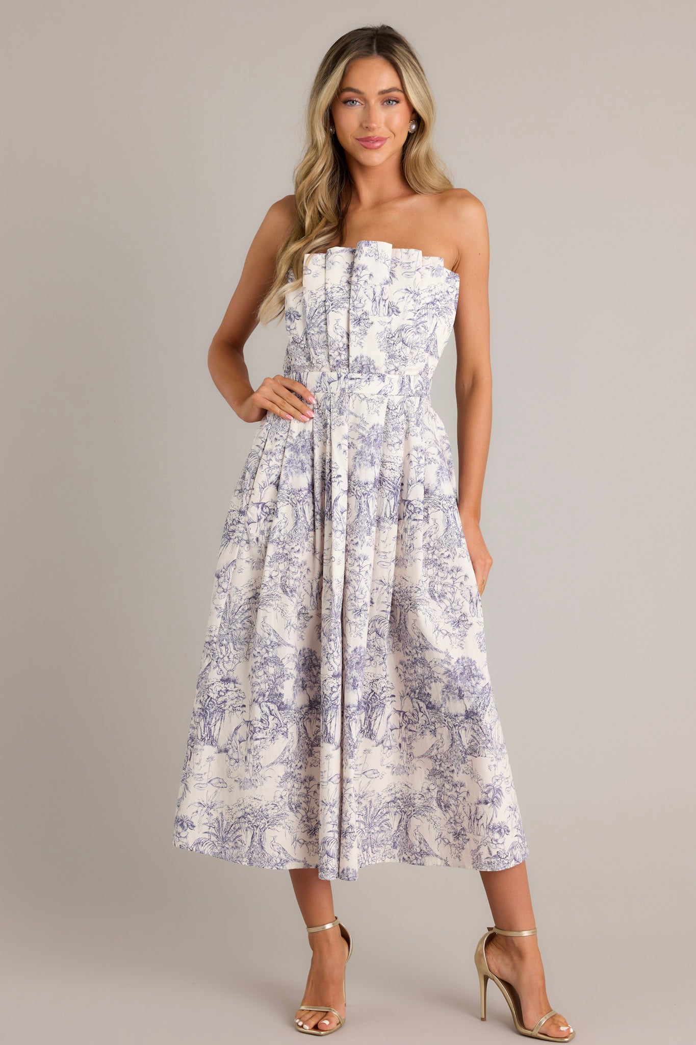 The Genevieve 100% Cotton Navy Toile Strapless Dress - Midi Dresses ...
