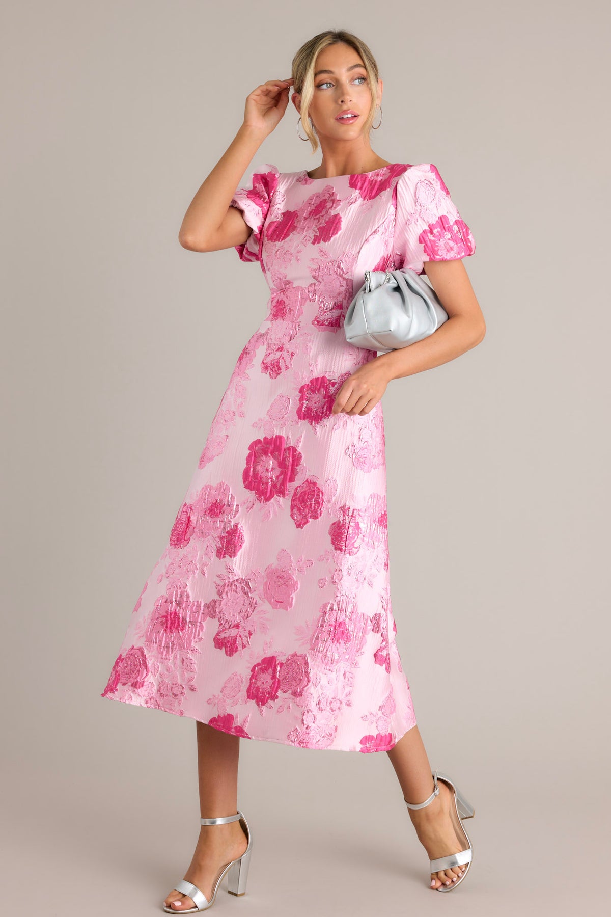 Light Pink Floral Jacquard Midi Dress - All Dresses | Red Dress