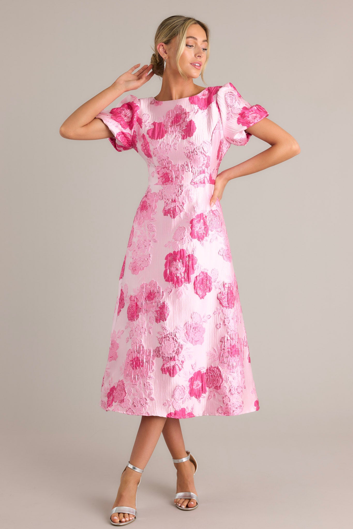 Light Pink Floral Jacquard Midi Dress - All Dresses | Red Dress