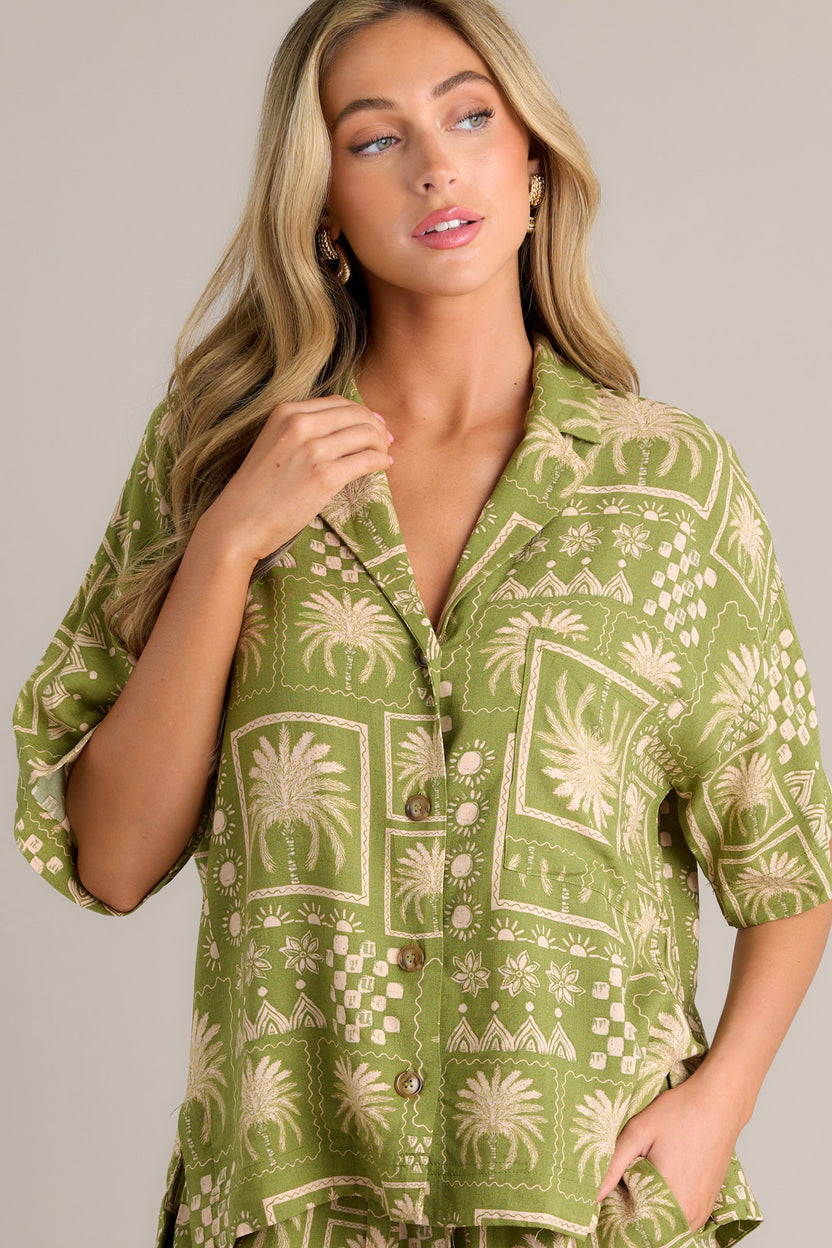 Olive Green Tropical Print Top - All Tops | Red Dress