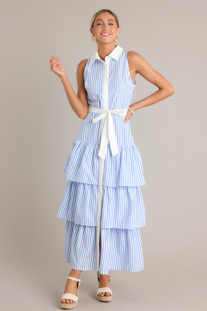 Blue Stripe Button Front Maxi Dress - All Dresses | Red Dress
