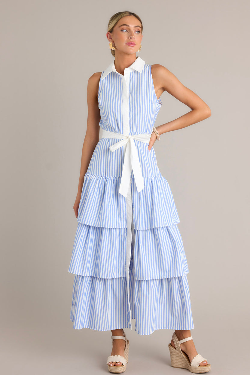 Blue Stripe Button Front Maxi Dress - All Dresses | Red Dress