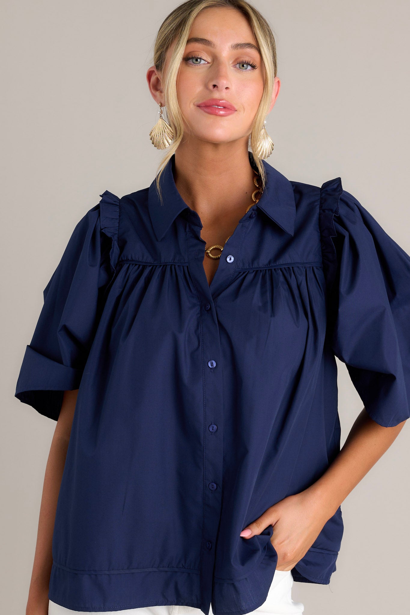 Navy Short Sleeve Button Front Top - All Tops | Red Dress