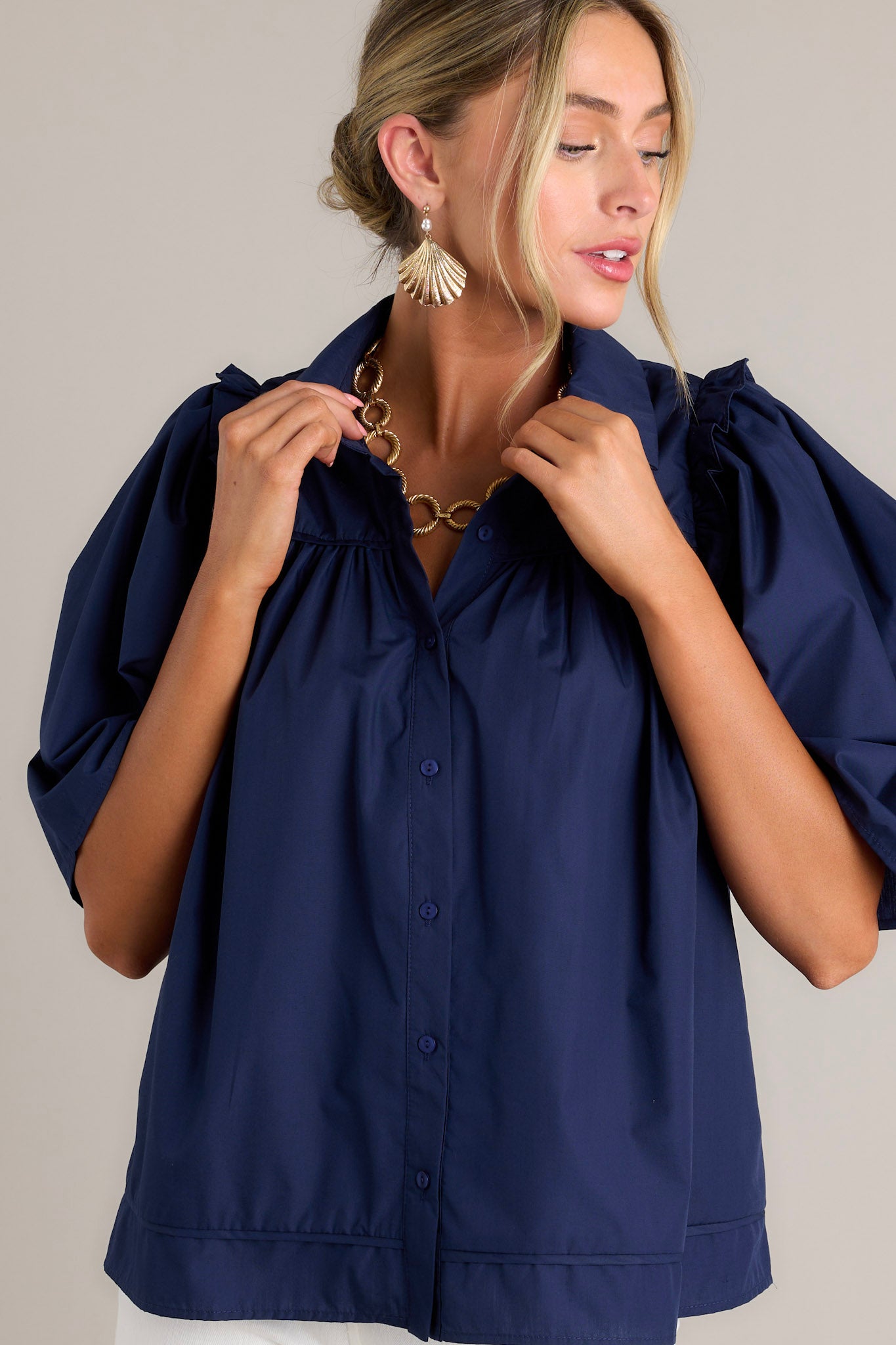 Navy Short Sleeve Button Front Top - All Tops | Red Dress
