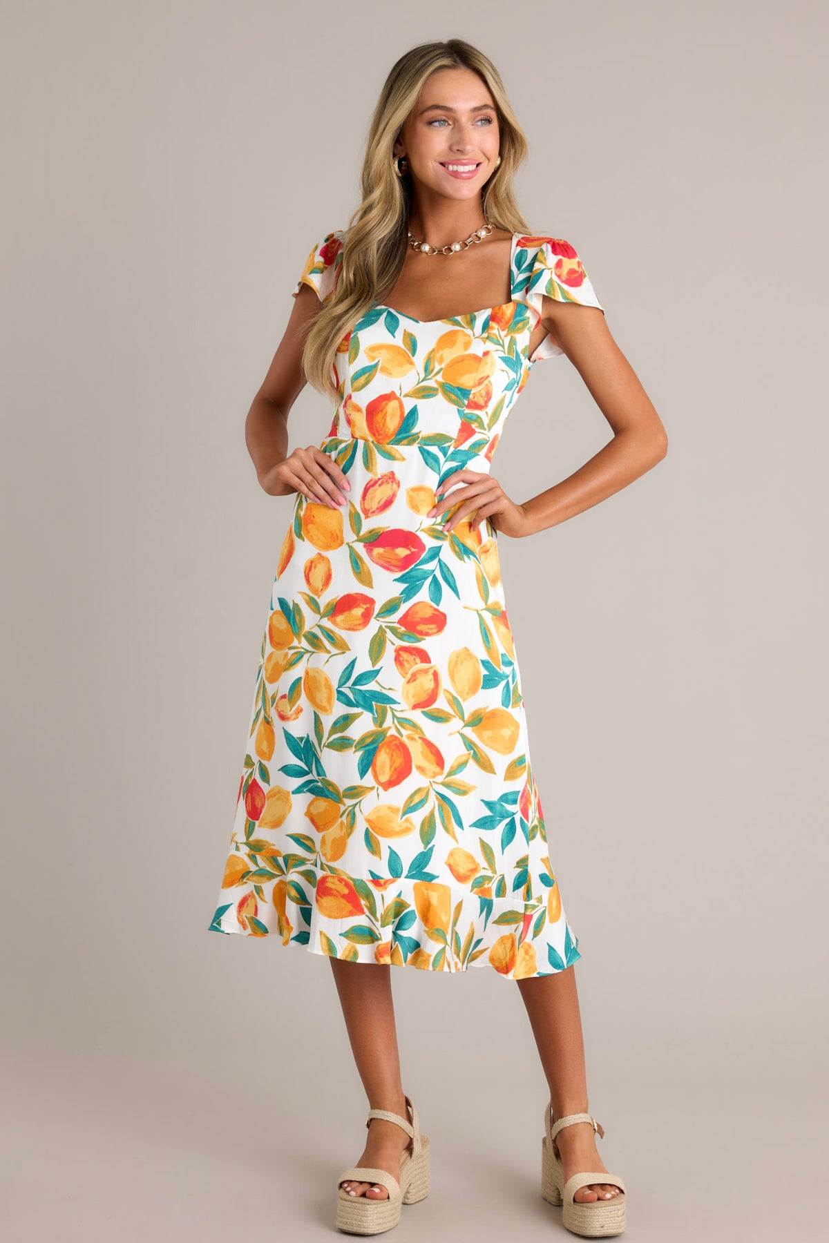 Ivory Multi Citrus Print Midi Dress - All Dresses | Red Dress