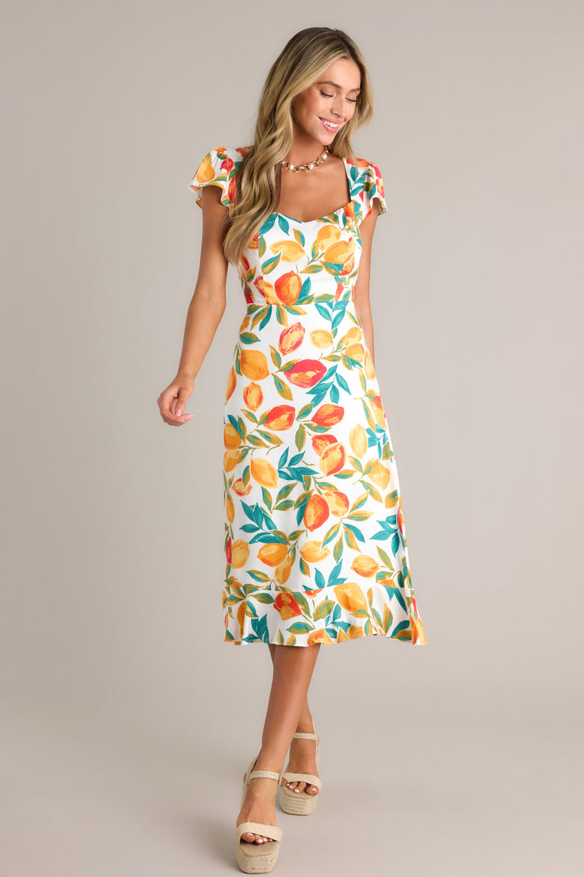 Ivory Multi Citrus Print Midi Dress - All Dresses | Red Dress