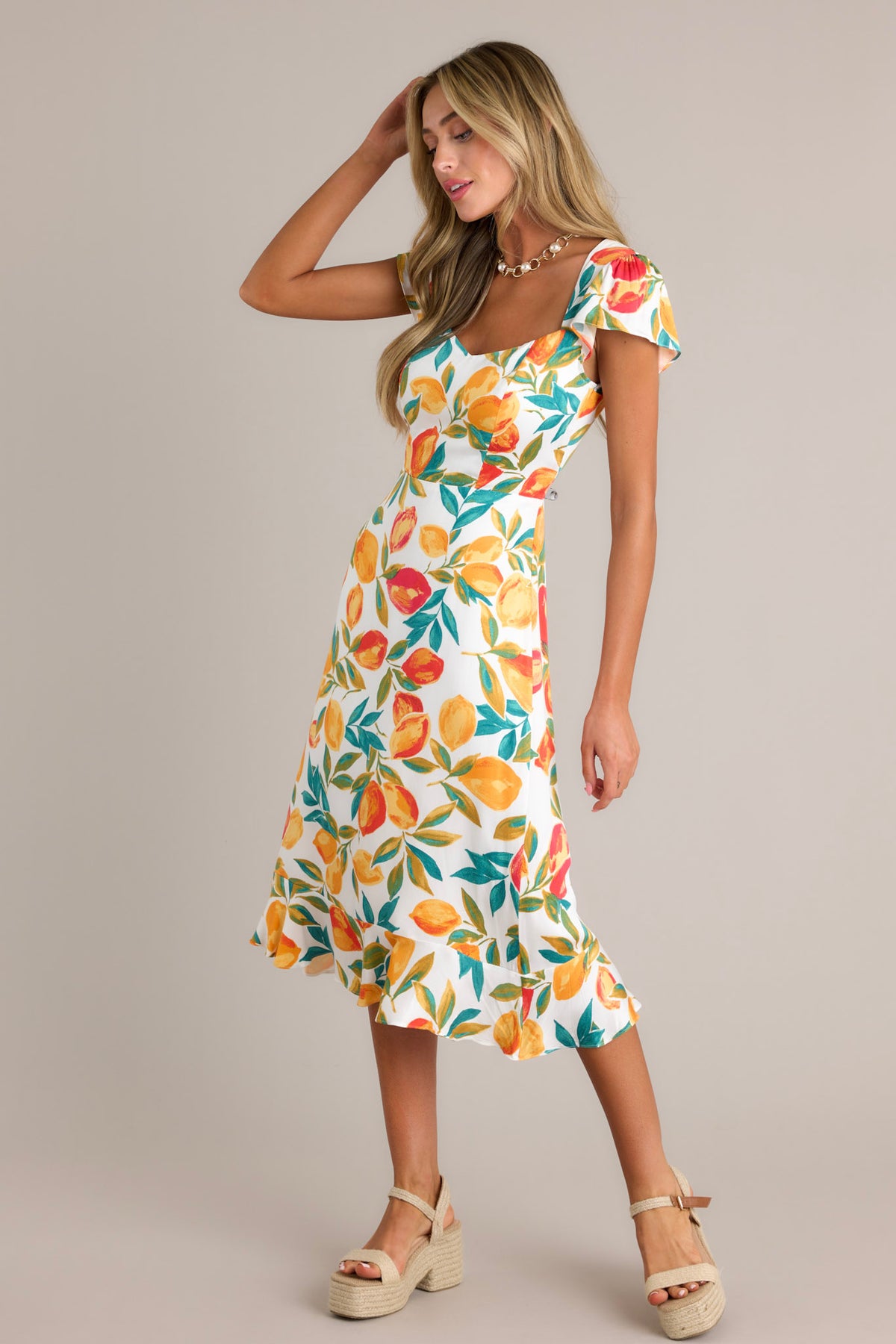 Ivory Multi Citrus Print Midi Dress - All Dresses | Red Dress