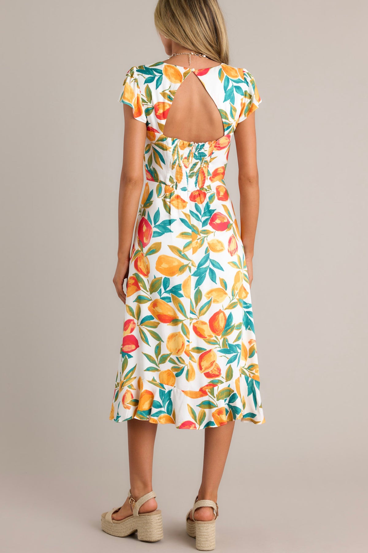 Ivory Multi Citrus Print Midi Dress - All Dresses | Red Dress