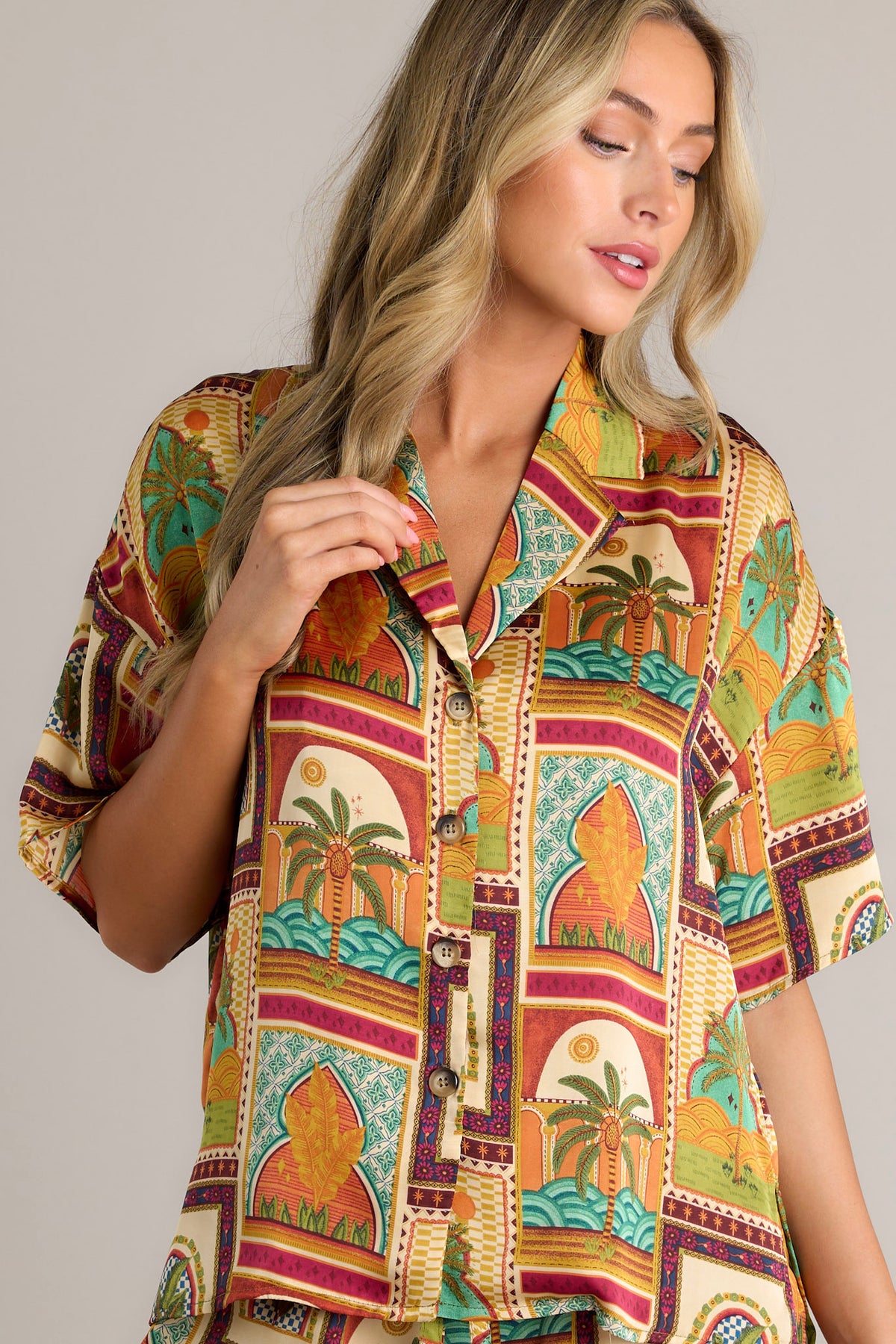 Tropical Print Mustard Top - All Tops | Red Dress