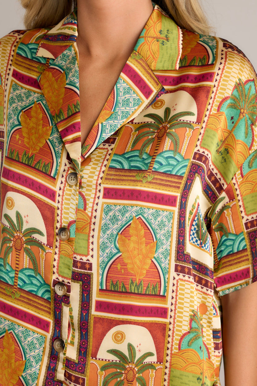 Tropical Print Mustard Top - All Tops | Red Dress
