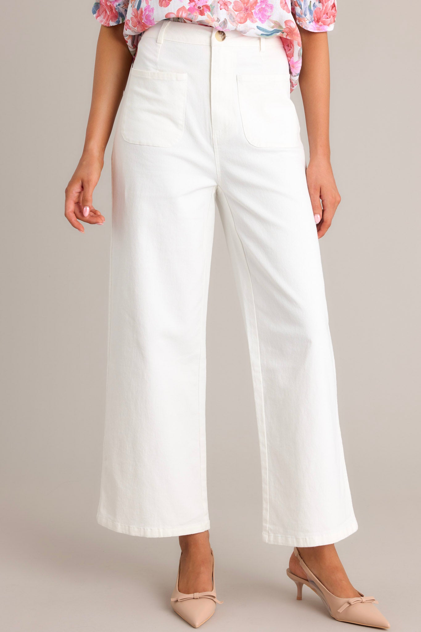 Ivory Wide Leg Cotton Blend Jeans - All Pants | Red Dress