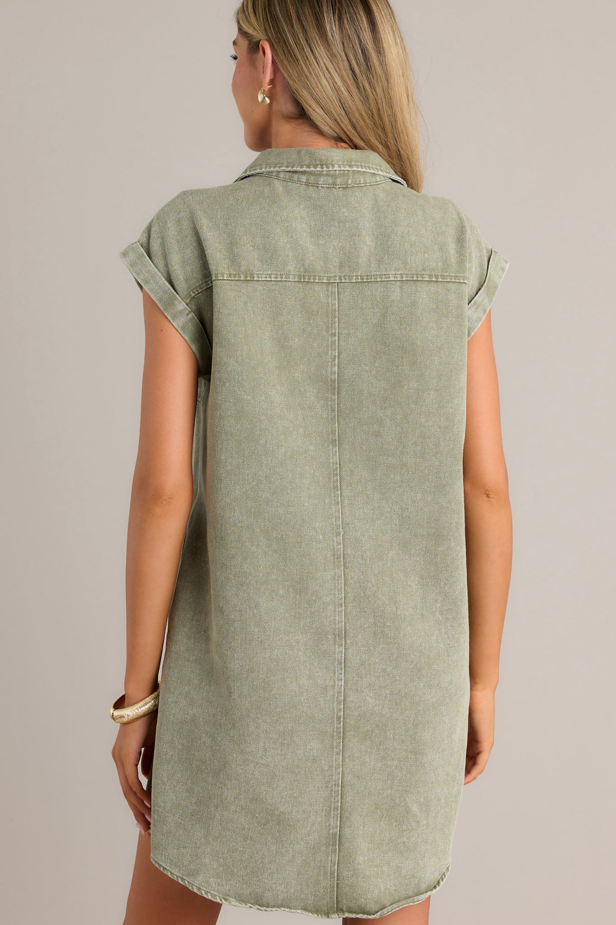 Olive Green Denim Button Front Mini Dress - All Dresses | Red Dress