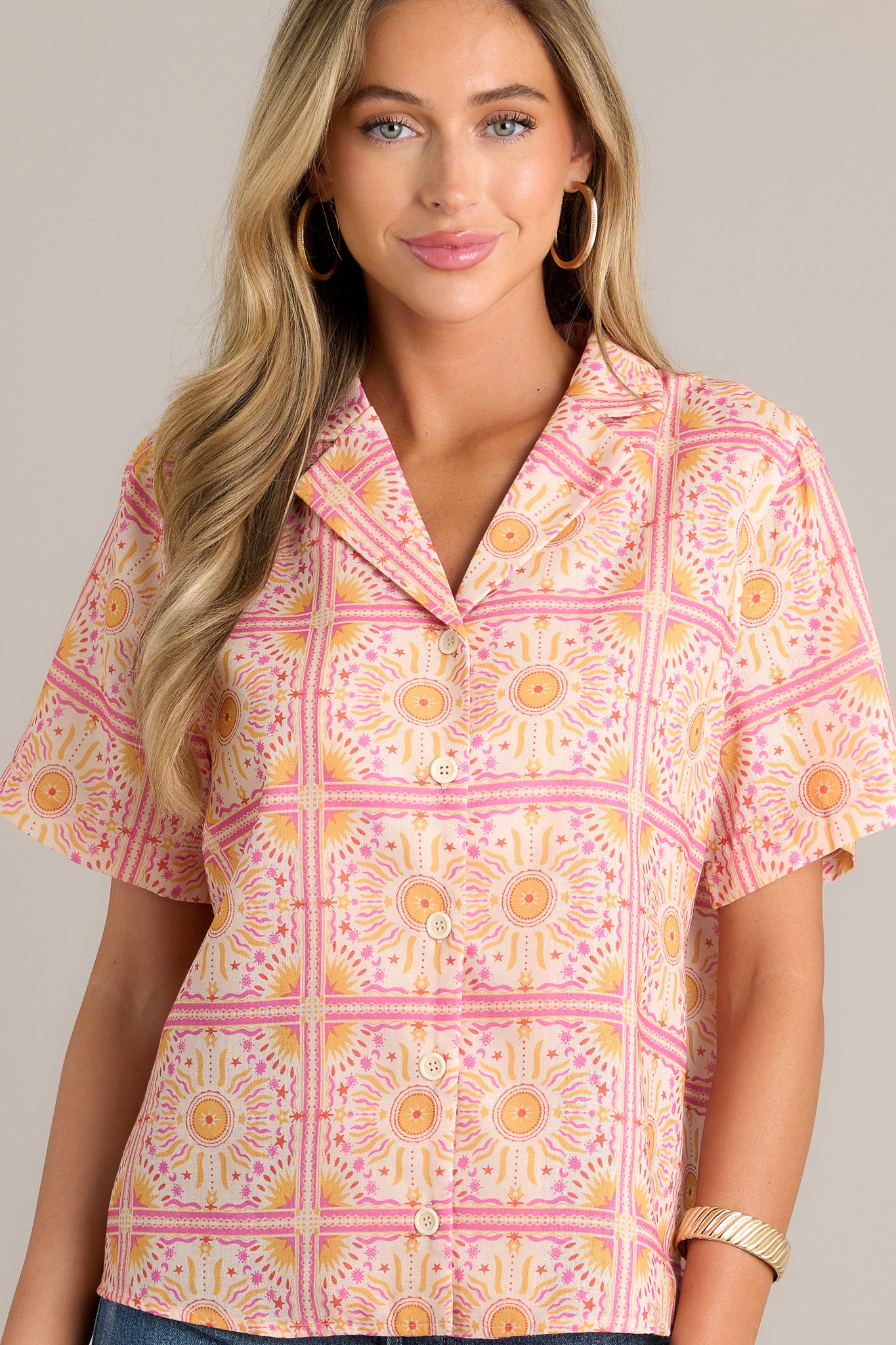 Pink Multi Print Button Front Top - All Tops | Red Dress