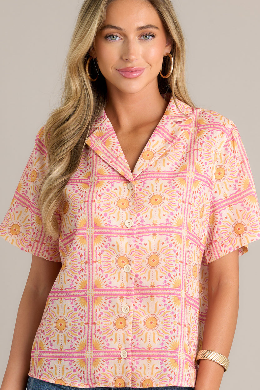 Pink Multi Print Button Front Top - All Tops | Red Dress
