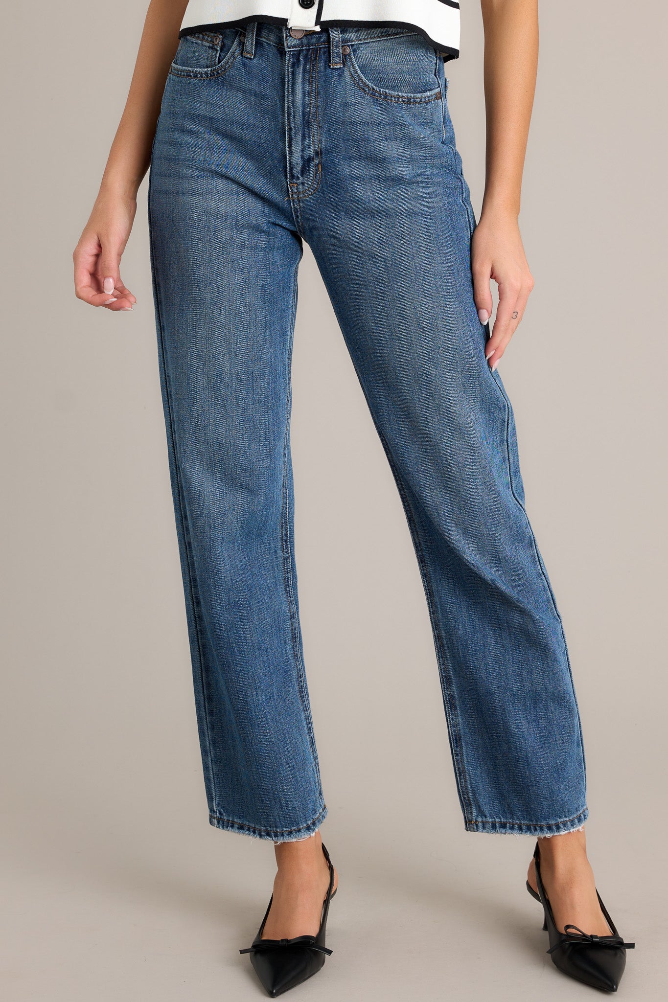 High Waisted Medium Wash Mom Jeans - Fall Favorites | Red Dress